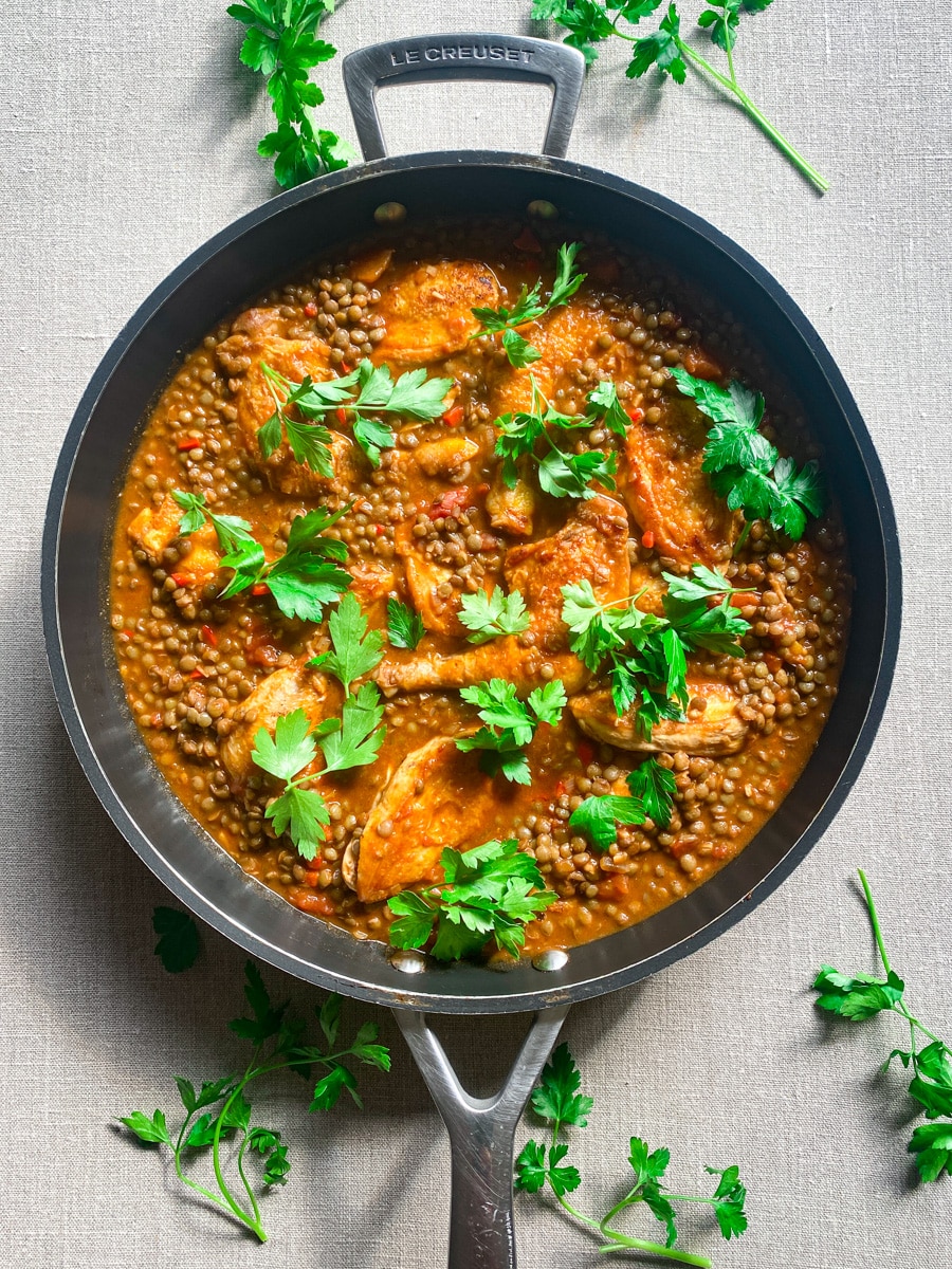 Poussin chicken and lentil stew with smoked paprika and cumin