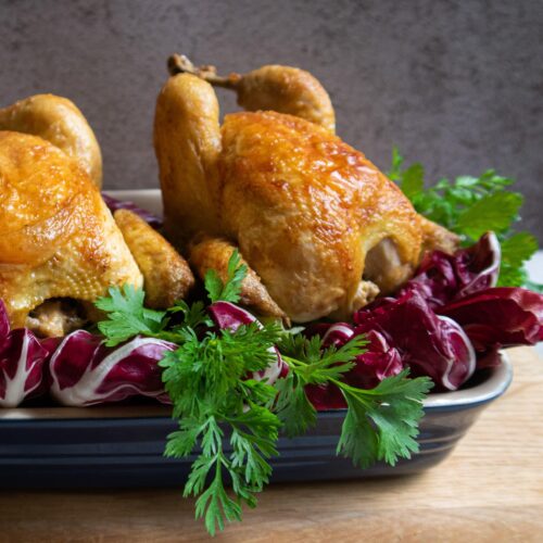 Perfectly roasted poussin chicken